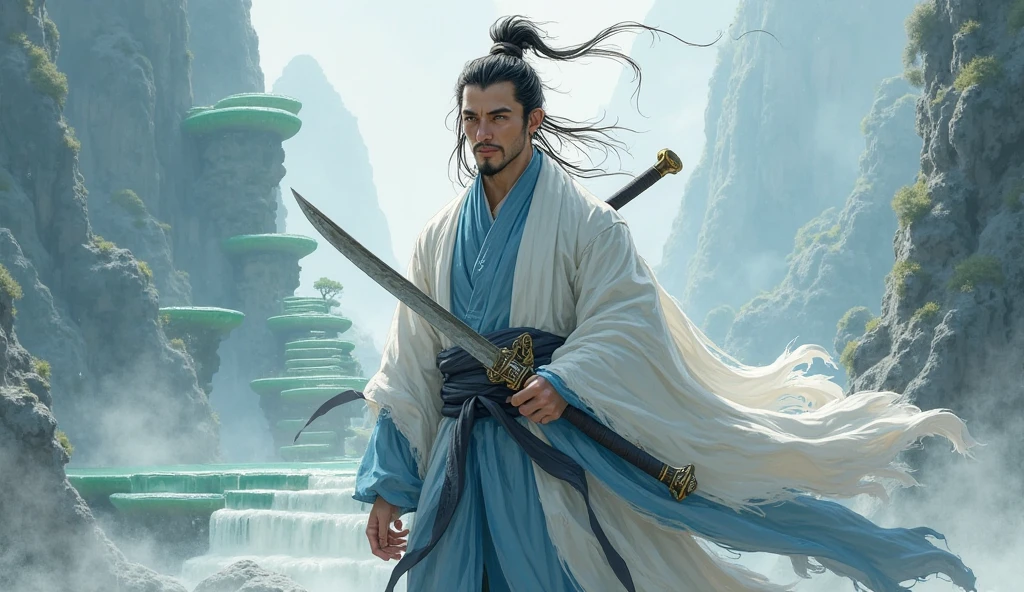 A age Chinese cultivator in white and blue robes, holding a sheathed ...
