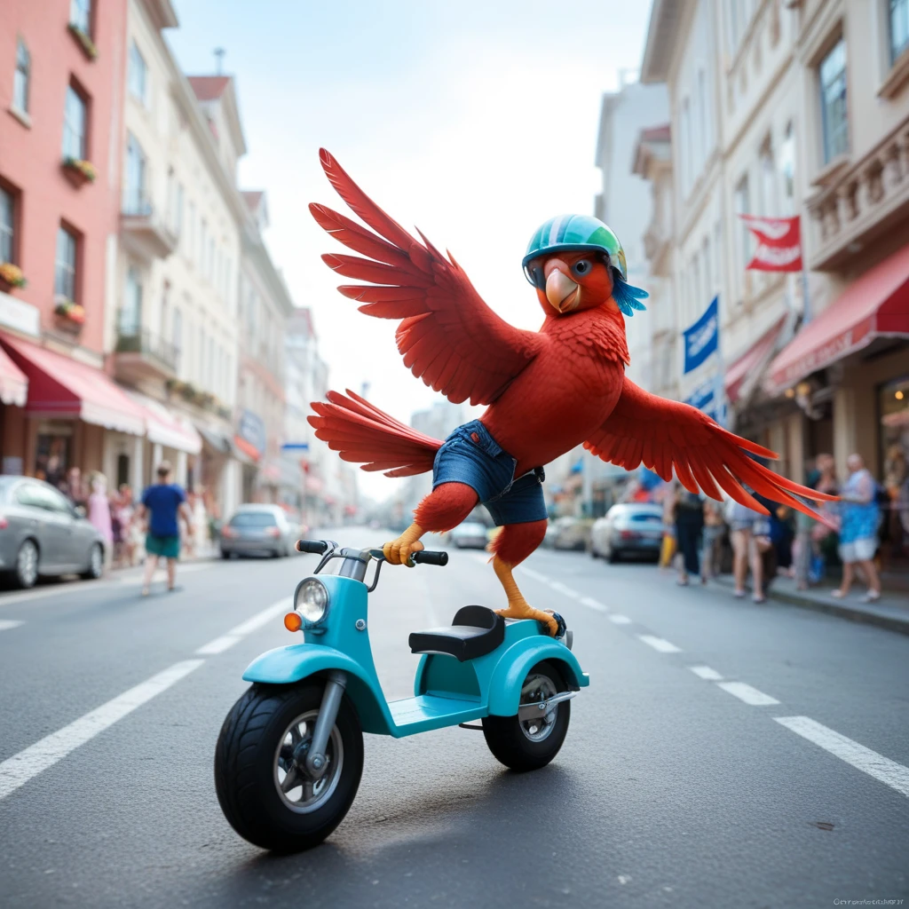 A brightly colored Scarlet Macaw parrot delivery rider, wearing a tiny ...