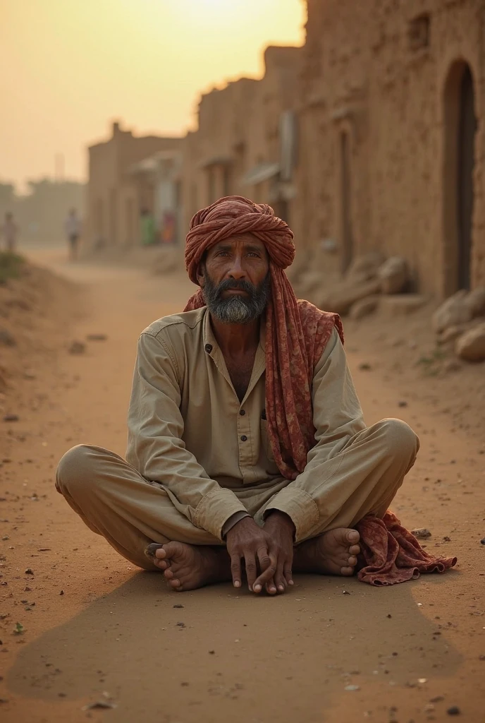 A sad Pakistani sitting barefoot on a dusty street, with empty hands ...