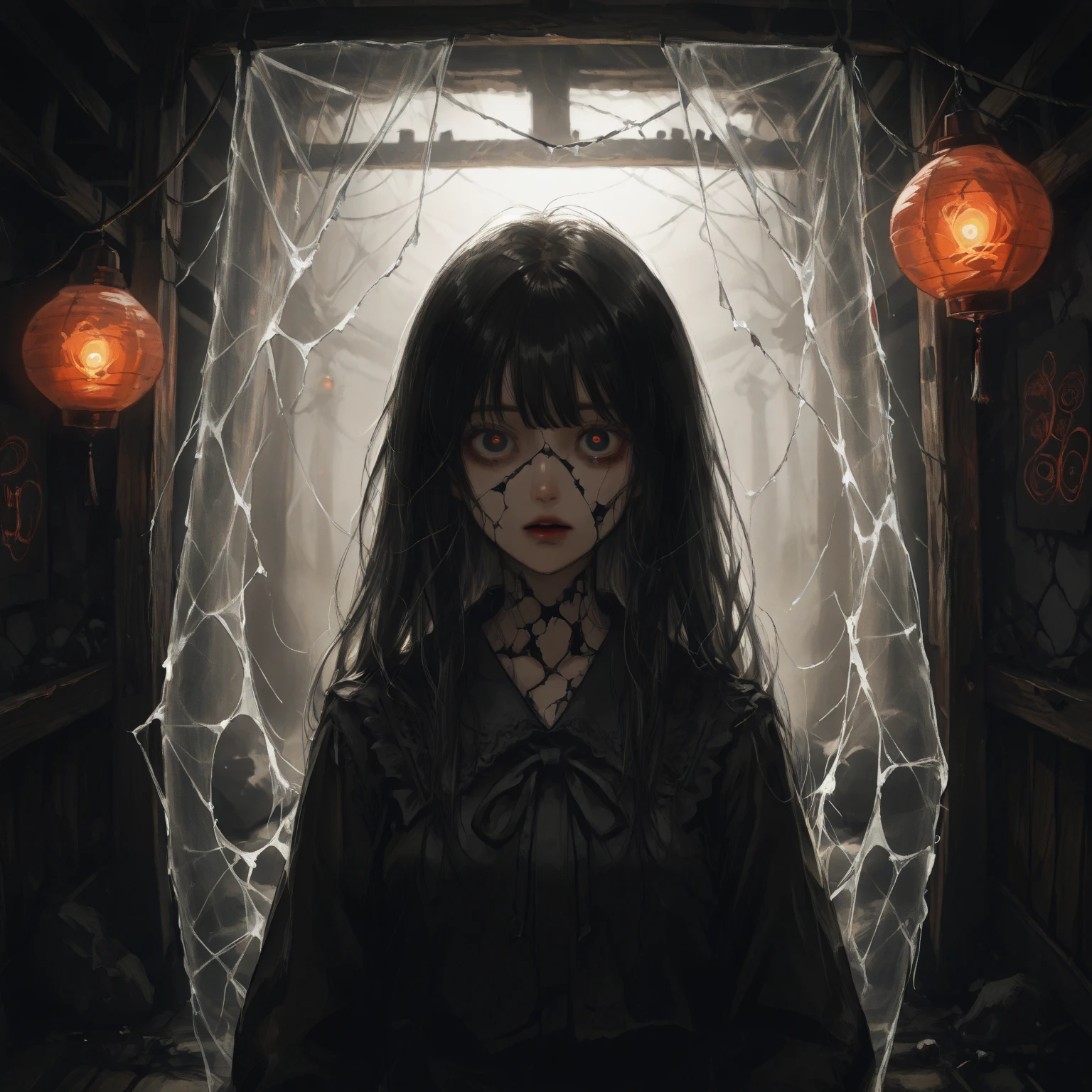 A pale, ghostly girl with long disheveled black hair and empty - SeaArt AI