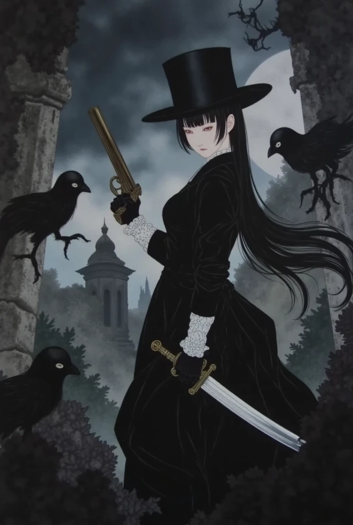 Realistic anime style、A woman dressed as a Victorian lady holds a gun ...