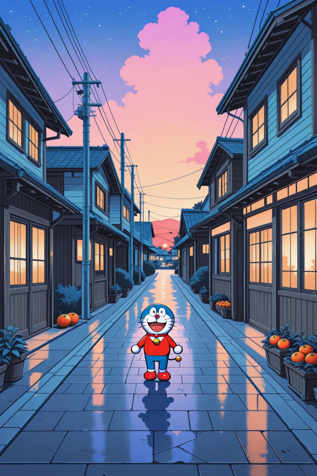 Doraemon and Nobita standing together on a quiet Japanese suburban ...