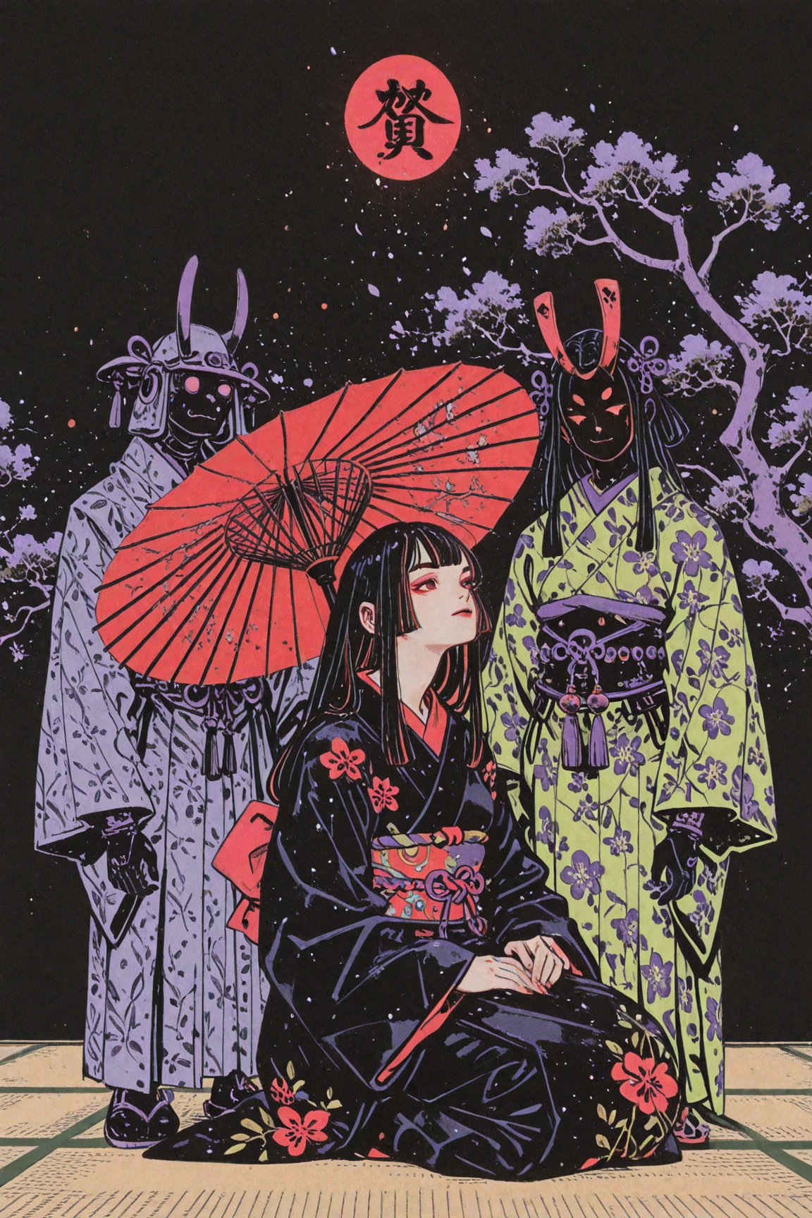 It depicts an Ukiyo-e of a female Onmyoji wearing a highly stylized and ...