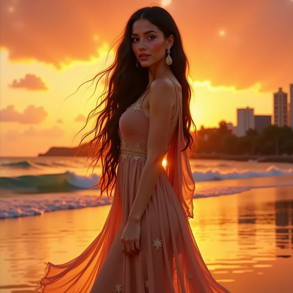 ((Fatima Al-Hassan)), full body shooting, praia, por do sol - SeaArt AI