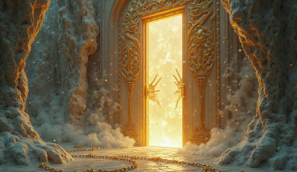 "Golden door slightly open showing celestial light, chains attached ...