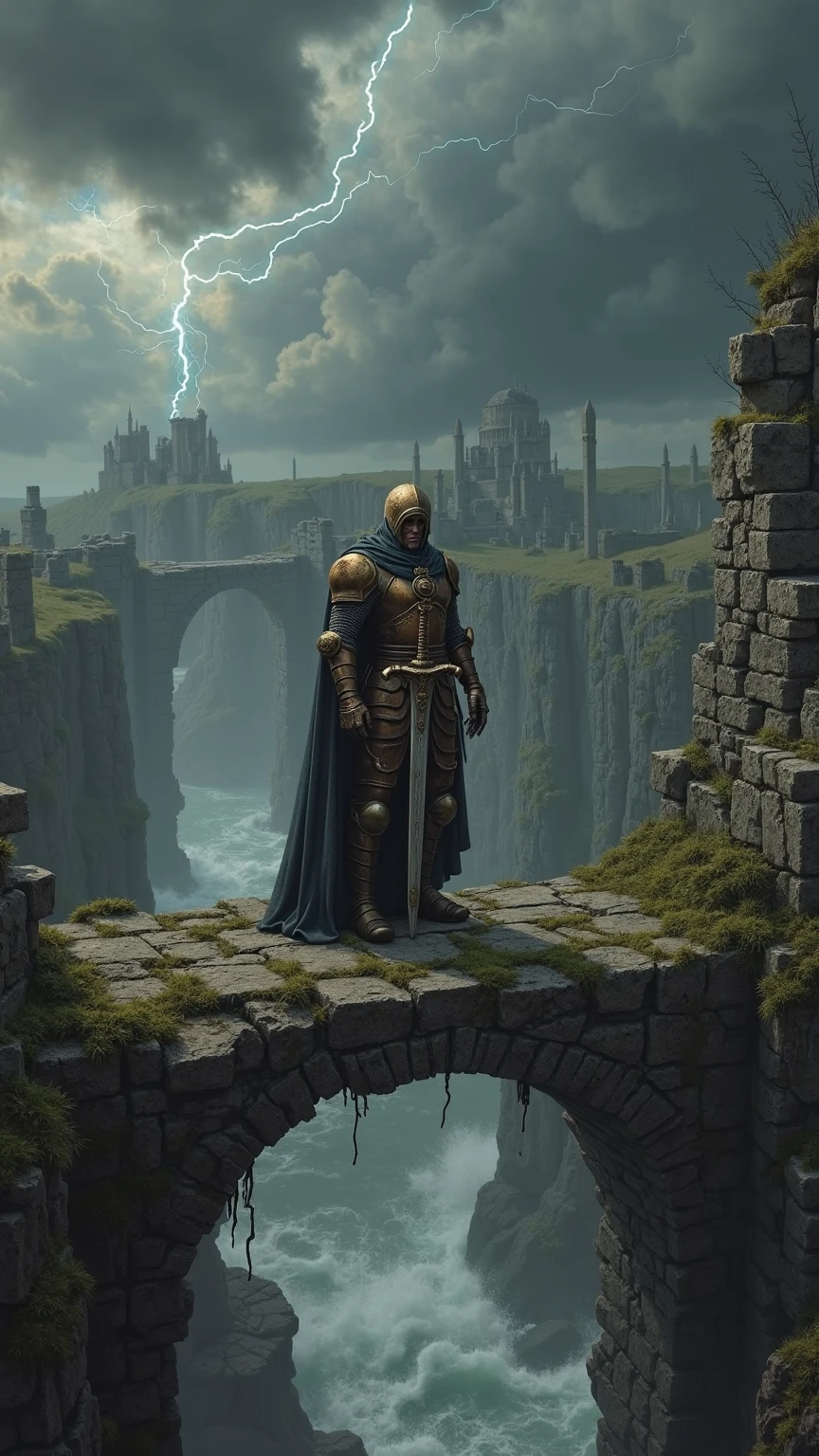 A weathered male guardian in rusted knight armor stands atop a half ...