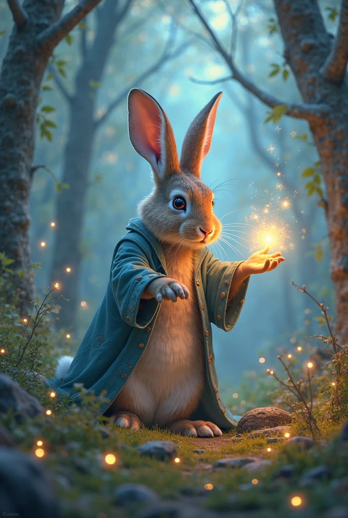 A fantasy scene of a wizard rabbit casting magic in a tranquil forest ...