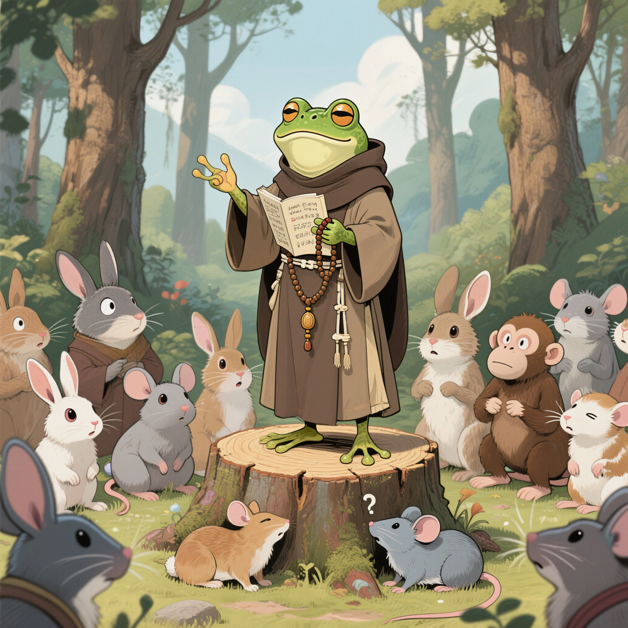 A frog monk who preaches,wearing a monk's costume or robe typical of a ...
