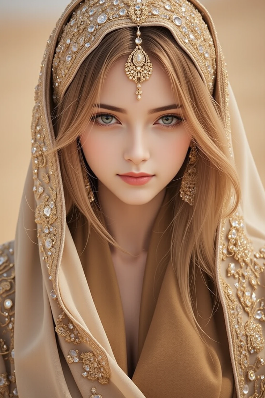 A woman adorned in intricate, ornate attire. She is wearing a luxurious ...