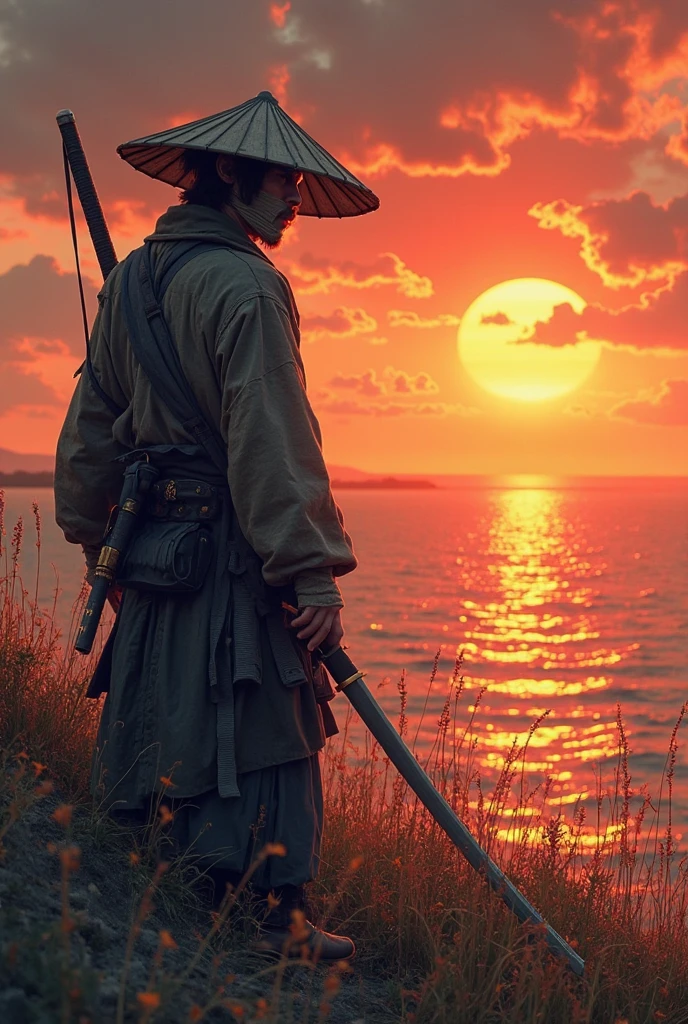 ronin in shabby clothes with a hat(a wide kyasa) with an injured eye ...