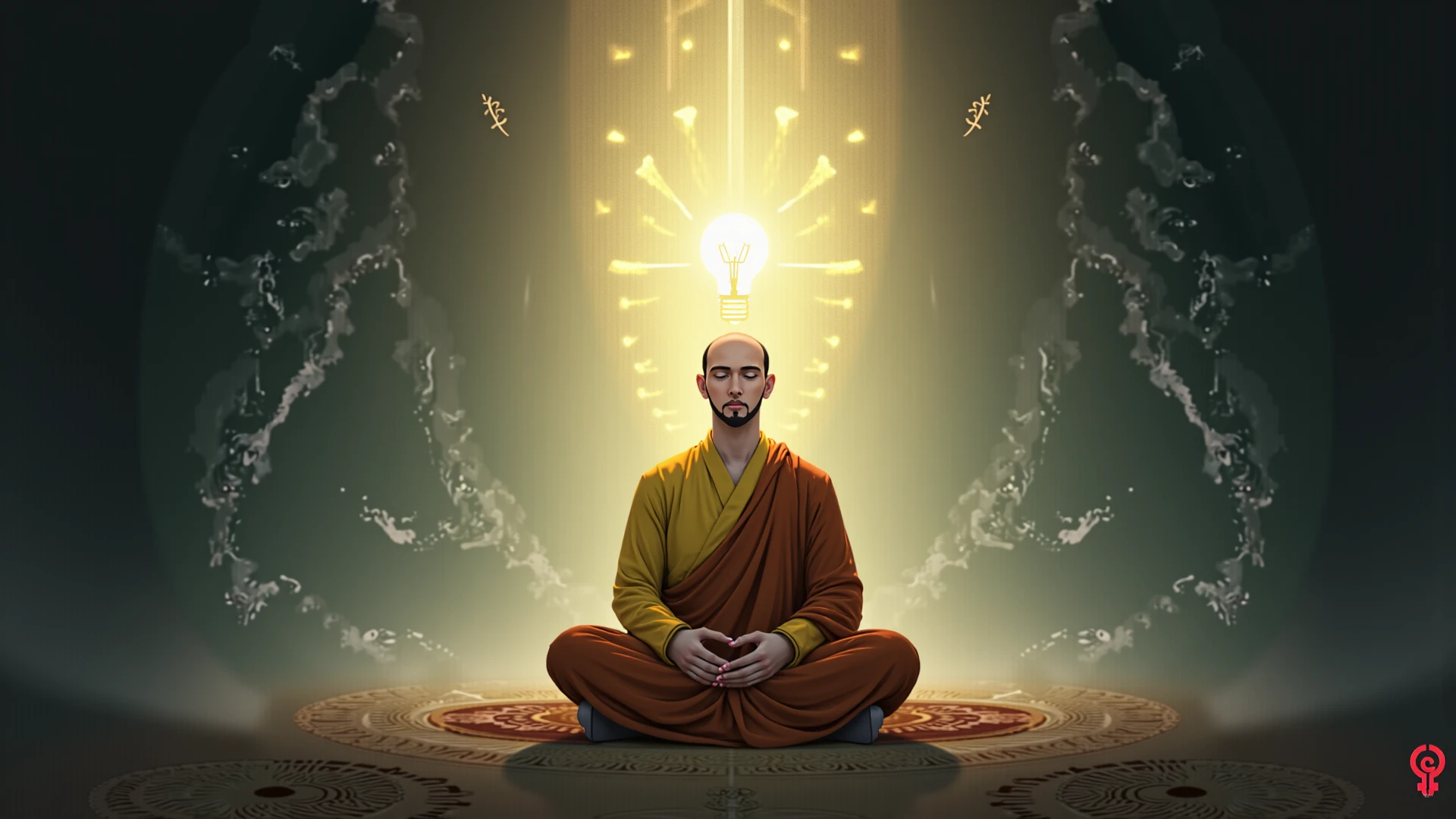 A bright idea bulb glowing in a monk’s mind, while a spirit whispers ...