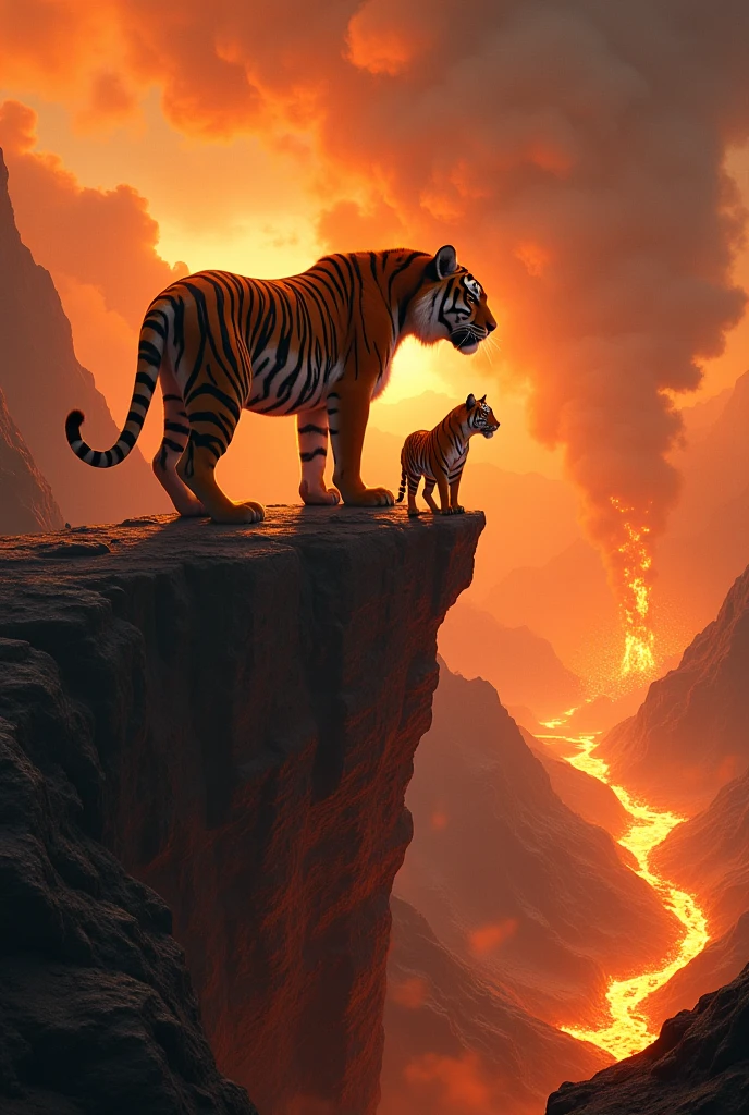 Tiger standing on rock , fire, lava, a little tiger infornt of - SeaArt AI