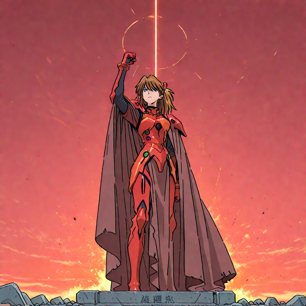 Asuka langley soryu stands on a stone pedestal, hand raised and ...