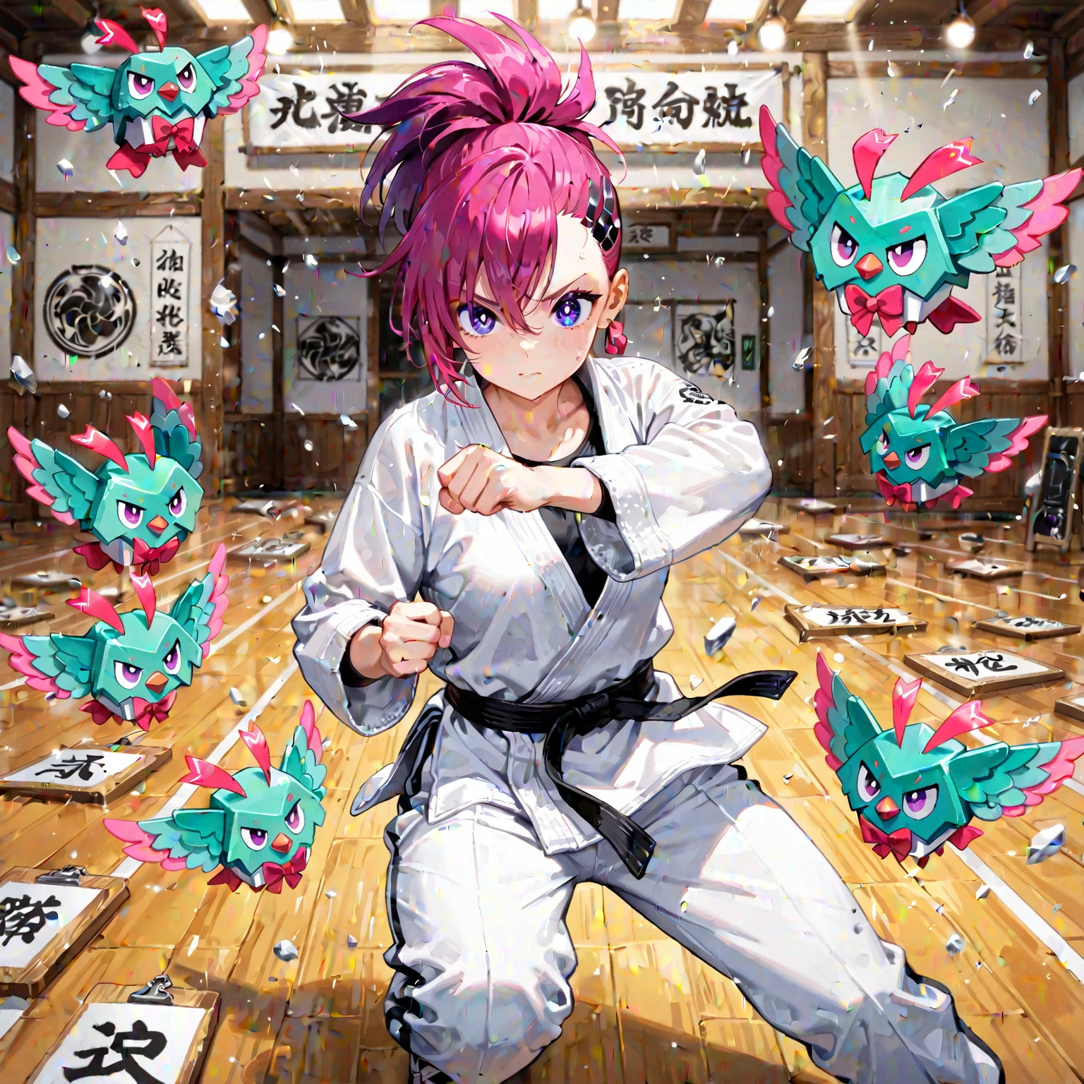1Female, solo, short, fit, fuchsia mohawk, violet eyes, white karate gi ...
