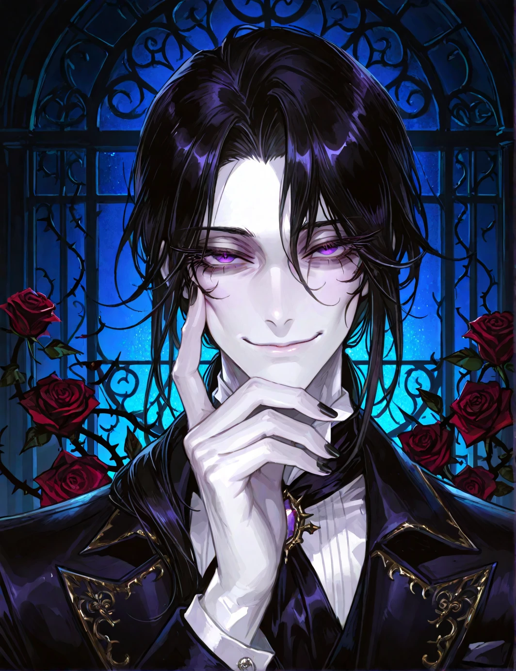1man, solo, mature, mysterious face, faint smile, pale skin, black hair ...