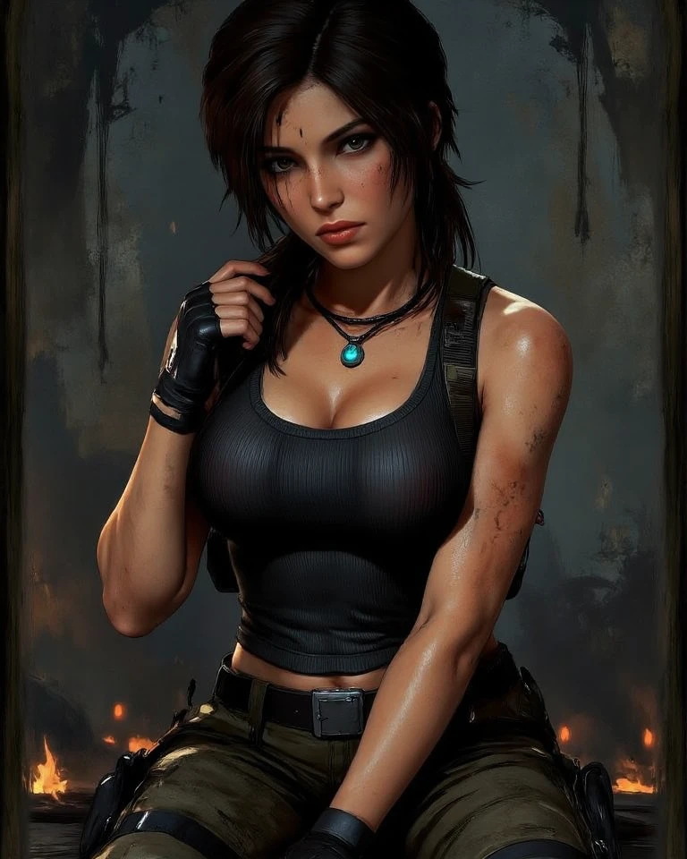 In the photo Lara Croft is in a sitting position, turned slightly to ...