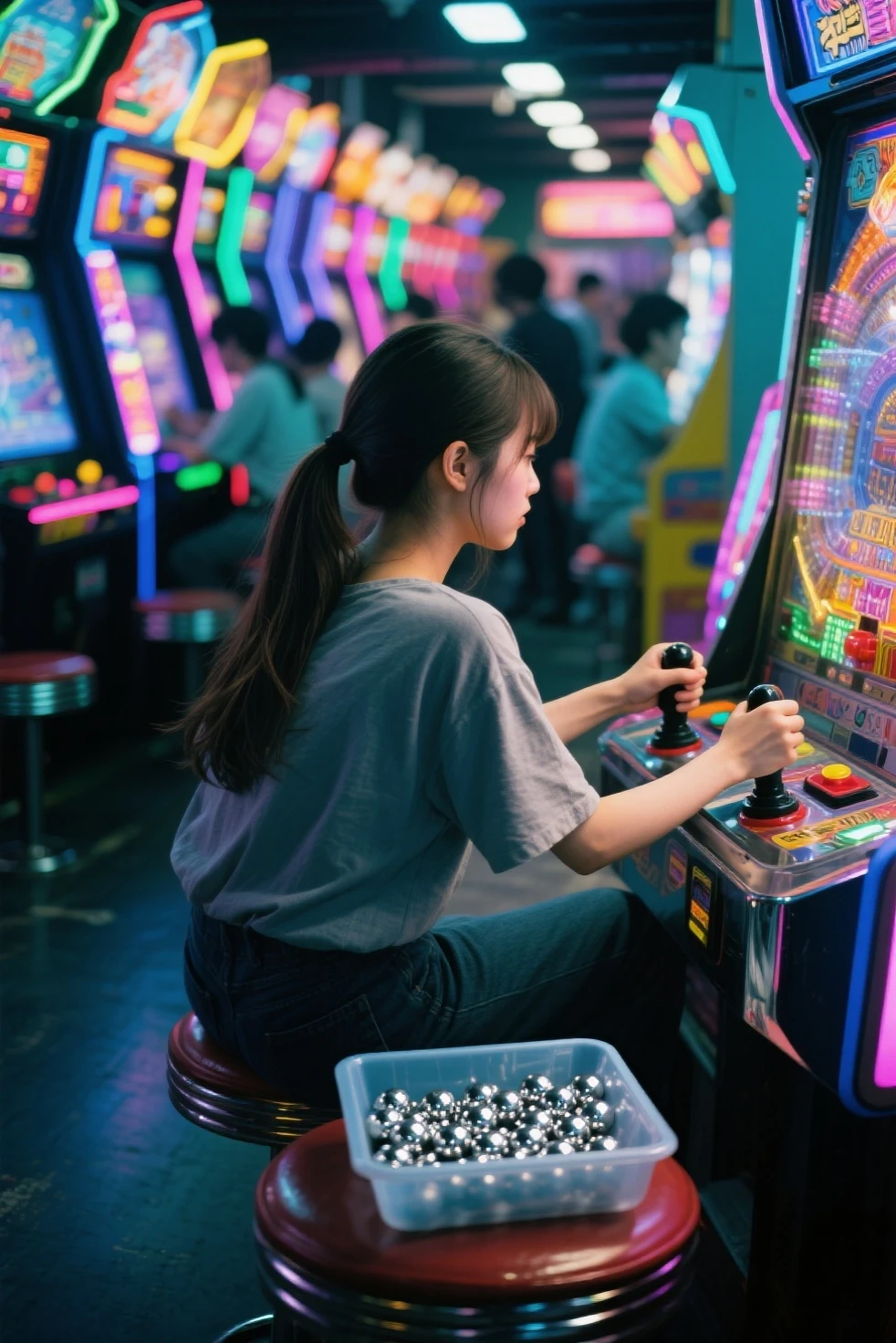 A young woman sitting in front of a pachinko machine, viewed from ...