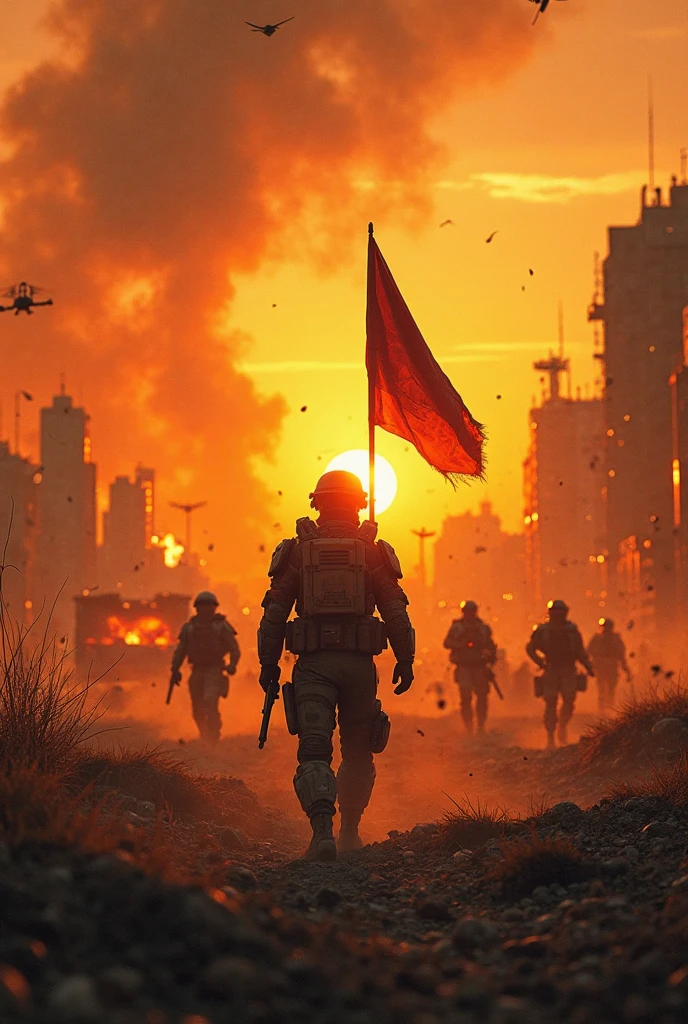 A dramatic war scene at sunset — a battlefield engulfed in smoke and ...