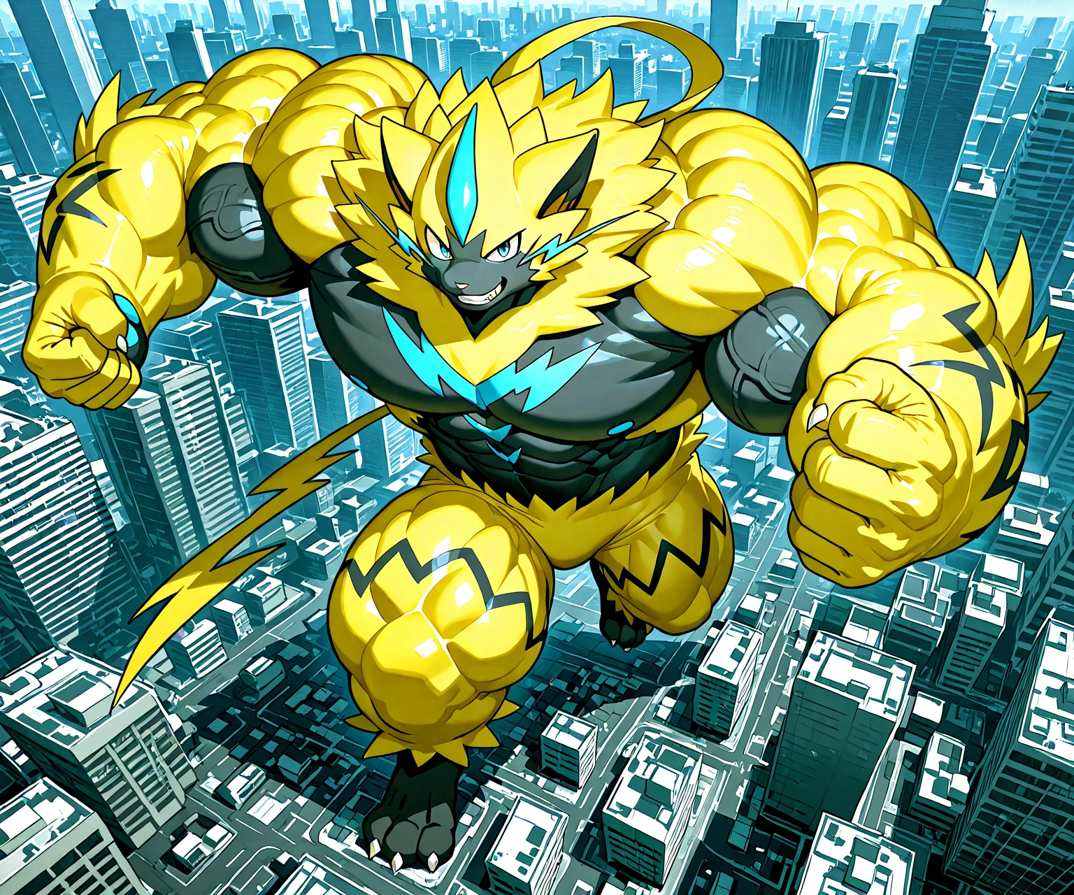 Kemono, bara, solo, furry, Anthro, zeraora, male, tail, fangs on lips ...