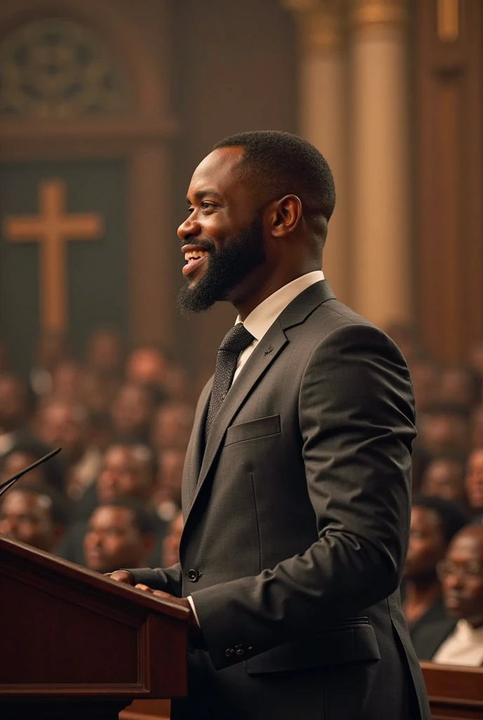 African man in suit, pastor, 0, short black beard, smiling preaching ...