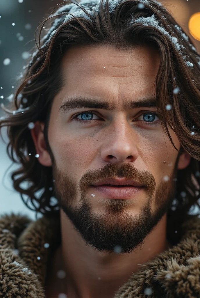 "A close-up portrait of a handsome man with long wavy brown hair and a ...