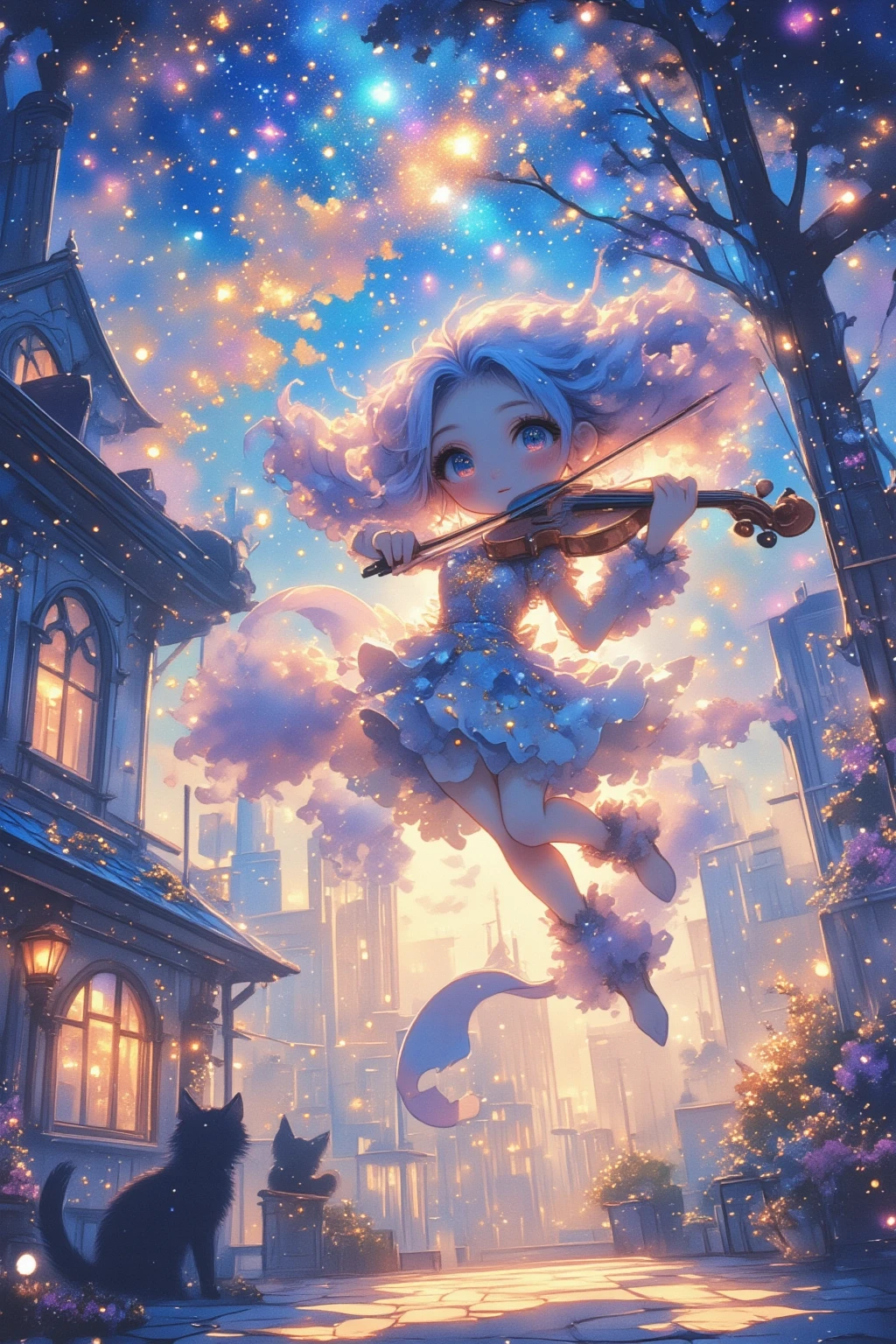 In an enchanting ht scene,A fluffy furry toy poodle is floating in the ...