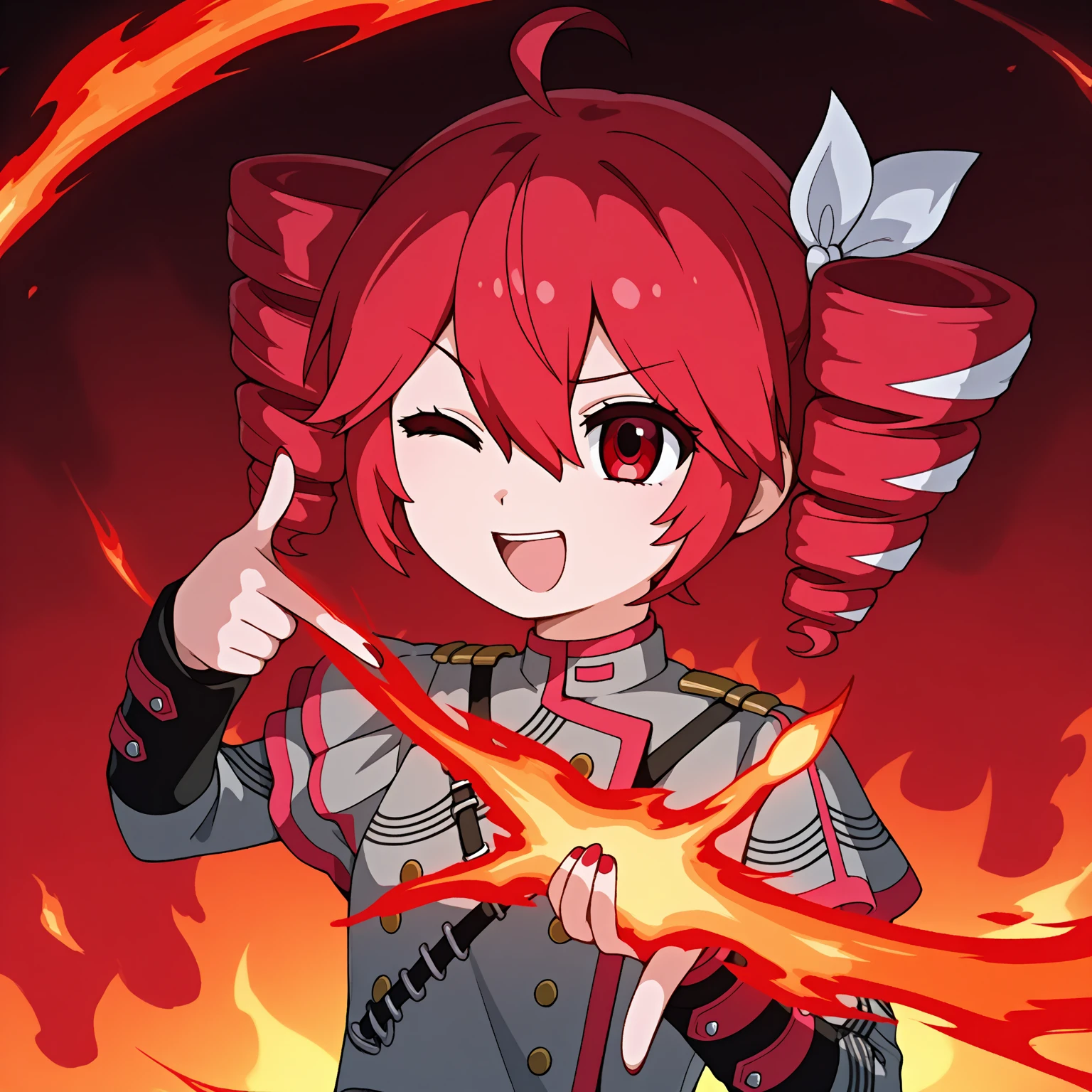 Kasane Teto SV , fusion , finger gun ,Red hellfire background - SeaArt AI