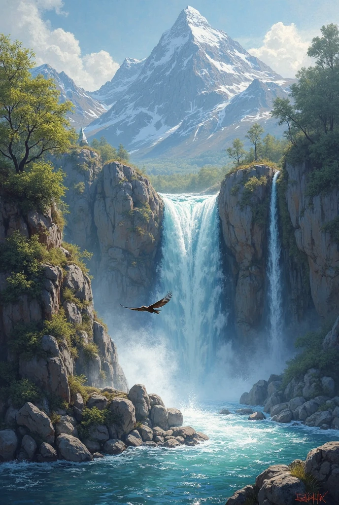 Waterfall bird flying and mountain painting - SeaArt AI