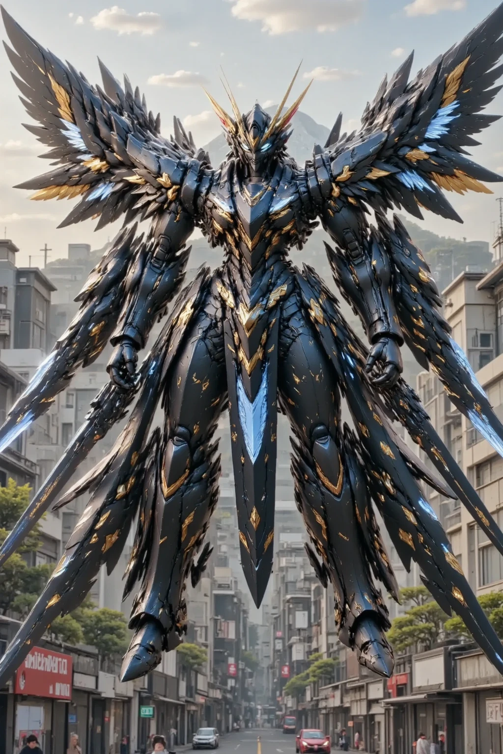 A massive humanoid robot flies over the cityscape of Tokyo, Japan ...