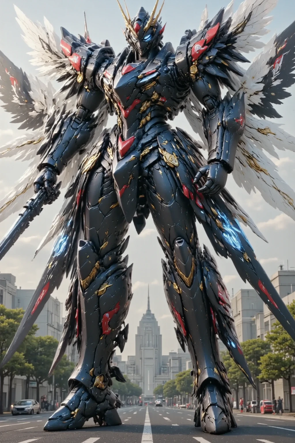 A massive humanoid robot flies over the cityscape of Tokyo, Japan ...
