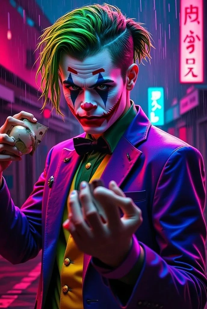 A sinister clown, joker, half-smiling face, green hair, purple suit ...
