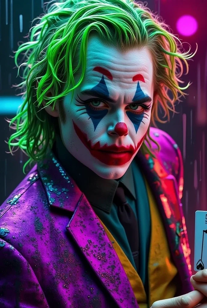 A sinister clown, joker, half-smiling face, green hair, purple suit ...