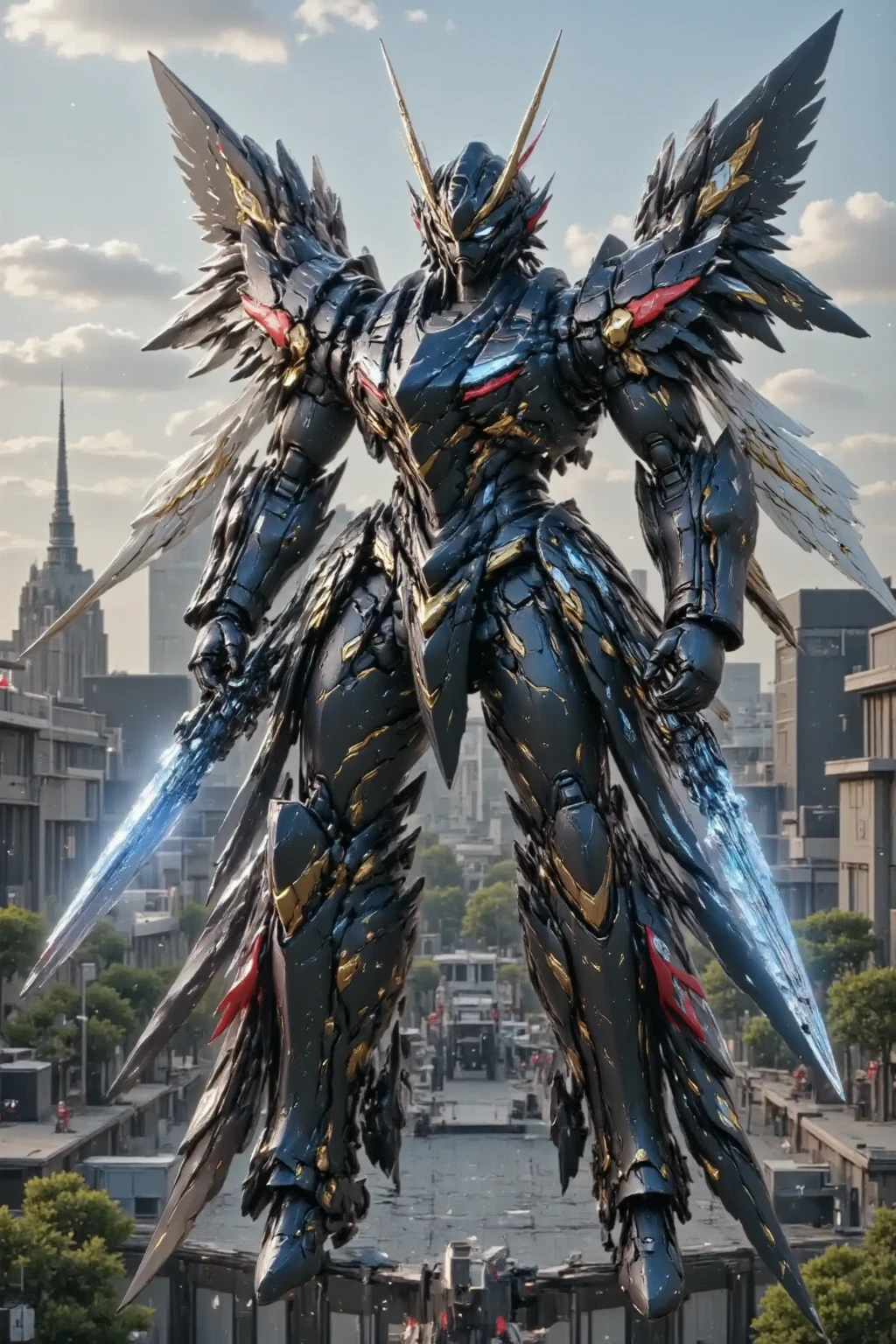 A massive humanoid robot flies over the cityscape of Tokyo, Japan ...