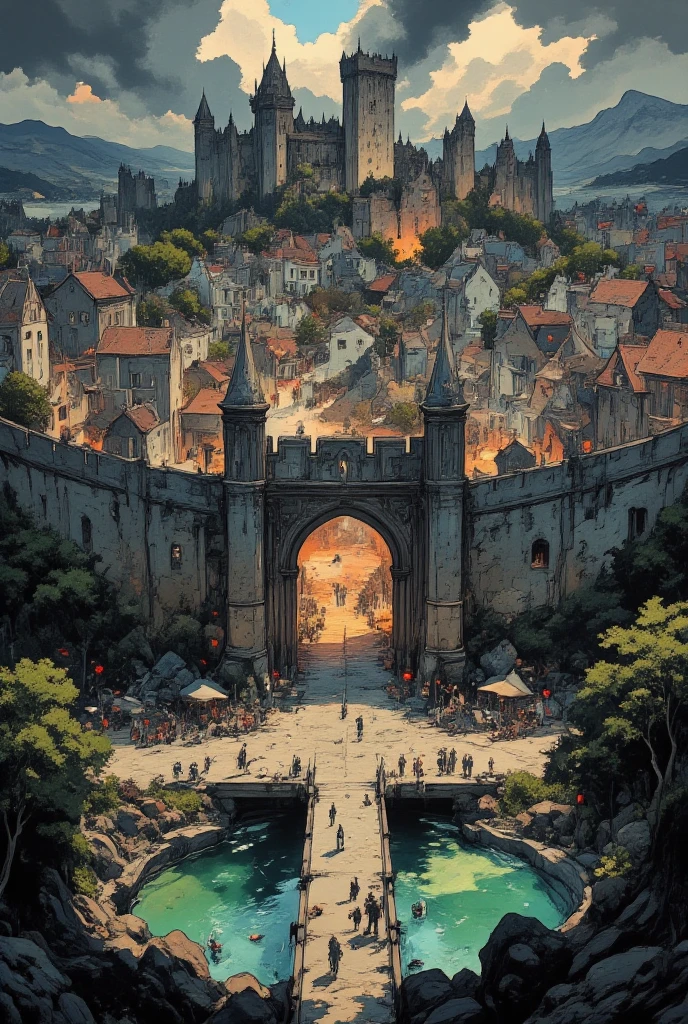 In the center of the composition, there is a large medieval city ...