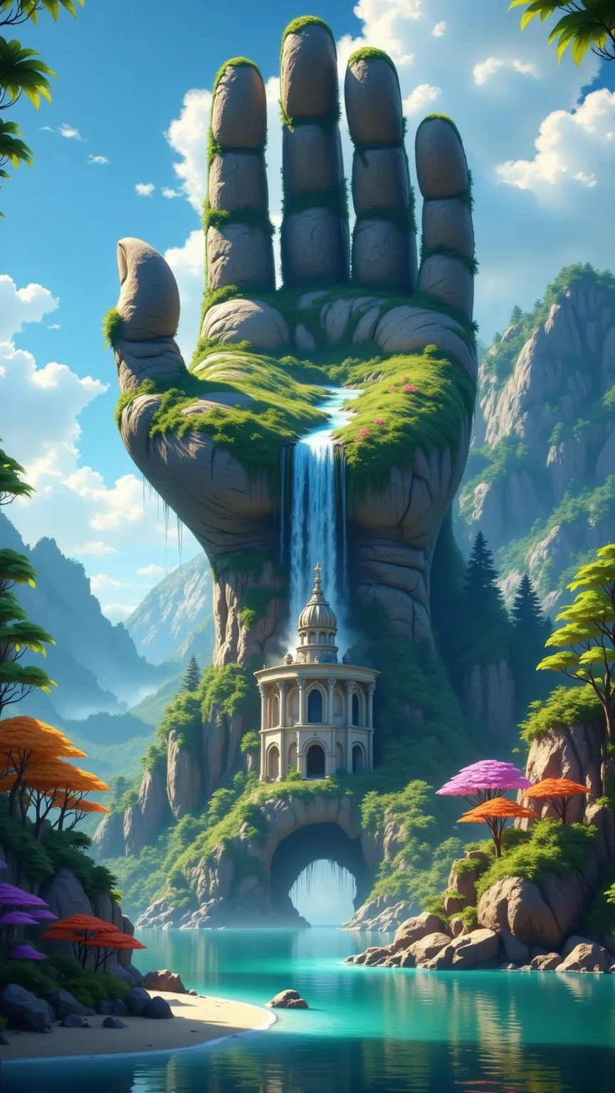 This image depicts a stunning and surreal landscape where a giant hand ...