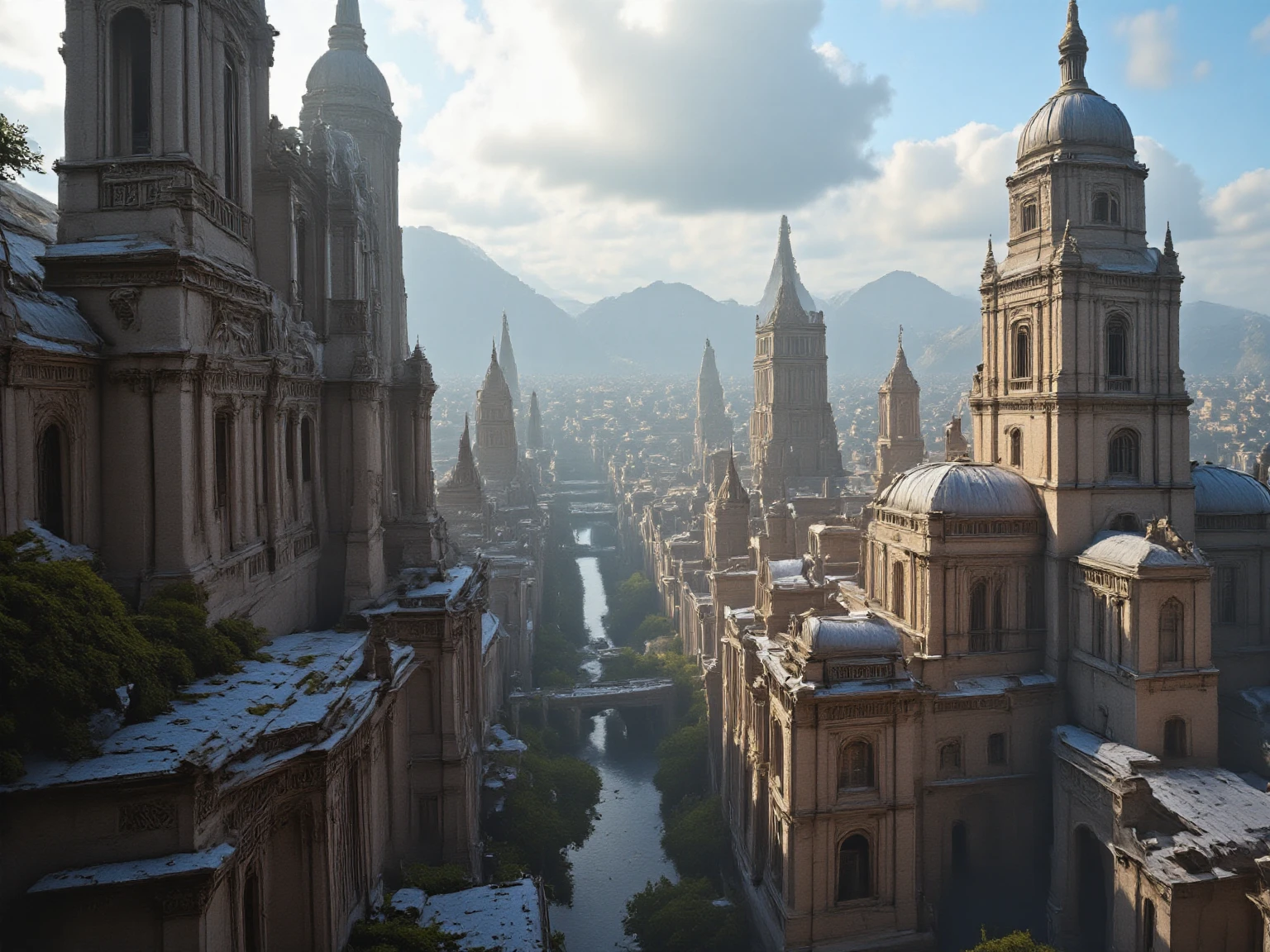 A modern postmodernist thriving futurustic skyscraper city wirh haunted ...