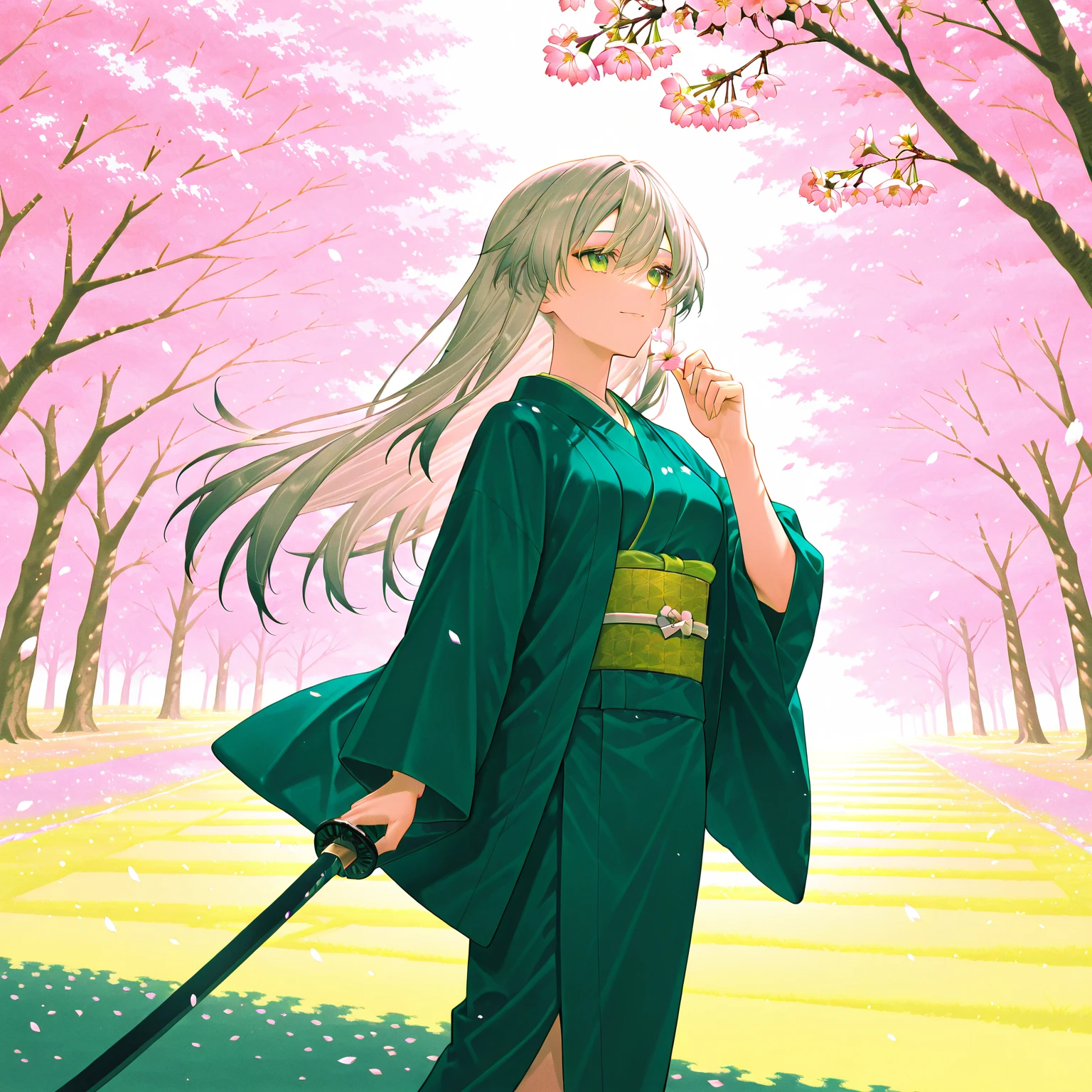 Hedgehog、calm、sea、wind、emerald、gray hair、Kimono、green、cherry blossoms ...