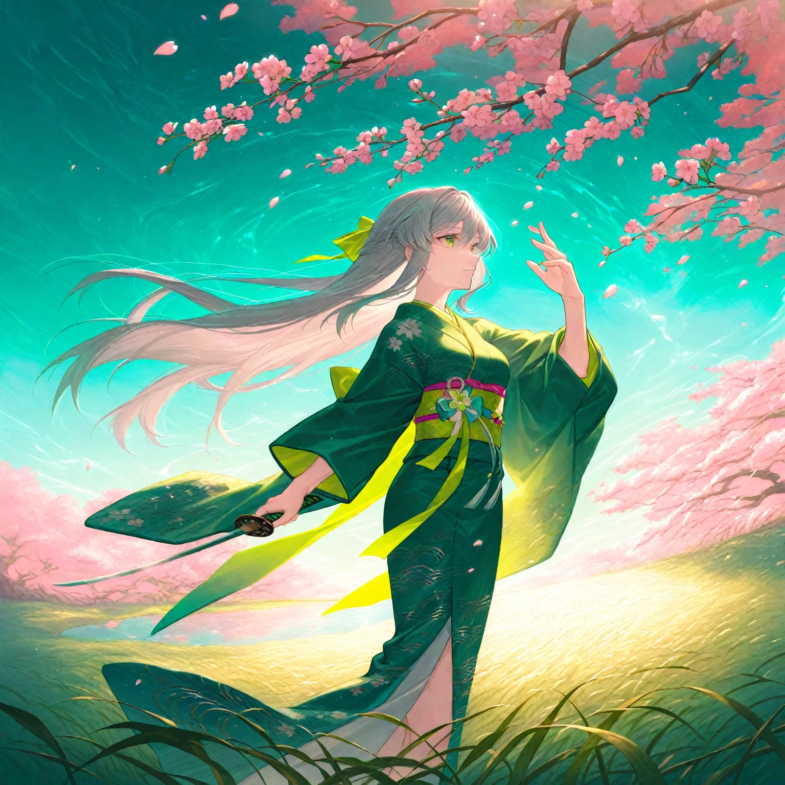 Hedgehog、calm、sea、wind、emerald、gray hair、Kimono、green、cherry blossoms ...