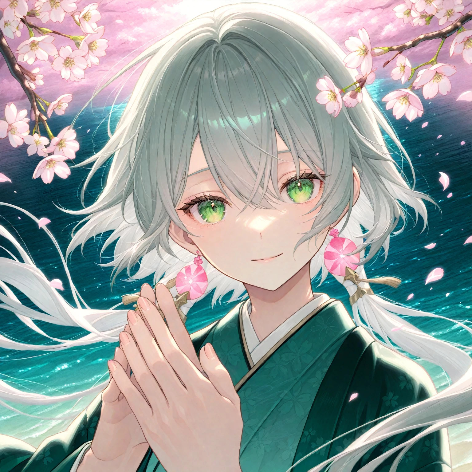Hedgehog、calm、sea、wind、emerald、gray hair、Kimono、green、cherry blossoms ...