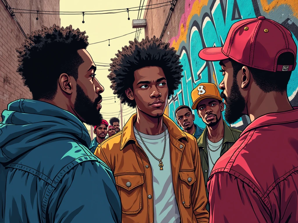20-year-old Afro-descendant young man talking to some comic style gang ...