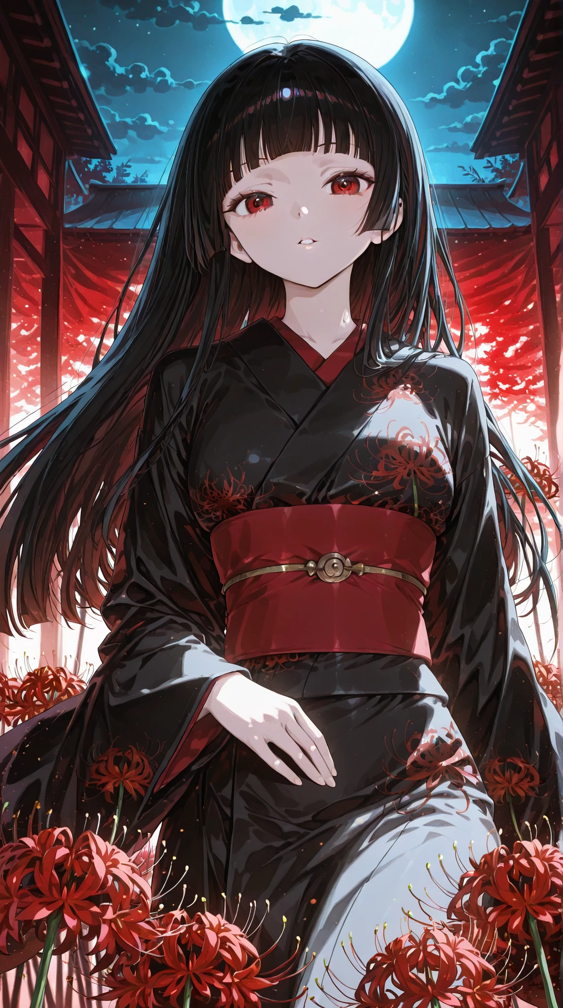 A young woman, long straight black hair with bangs, styled like Enma Ai ...