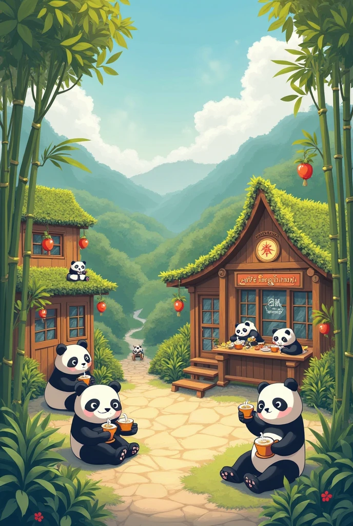A village of pandas with a café near a panda's house covered with ...
