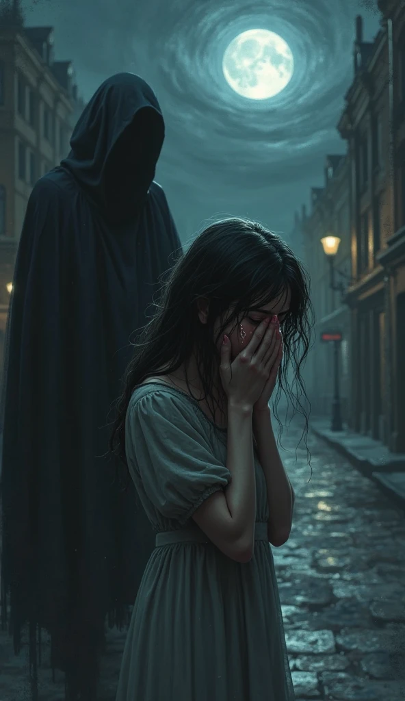 Sad girl, crying, city, street, sad scene, night, moonlight, big upset ...