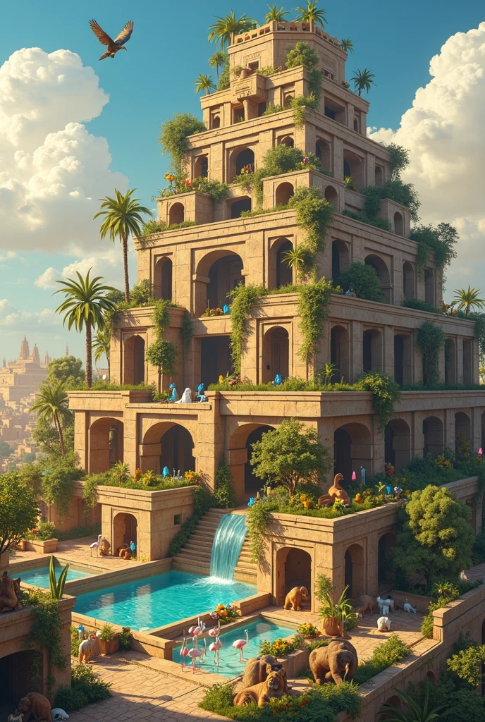 A towering ziggurat-like temple rises above ancient Babylon, each level ...