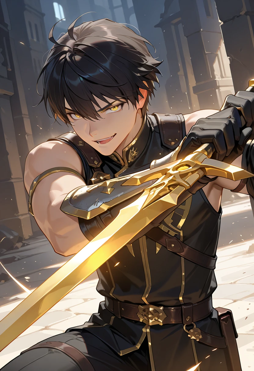 One boy, short hair, Yellow eyes, smirk, open mouth, Mercenary - SeaArt AI