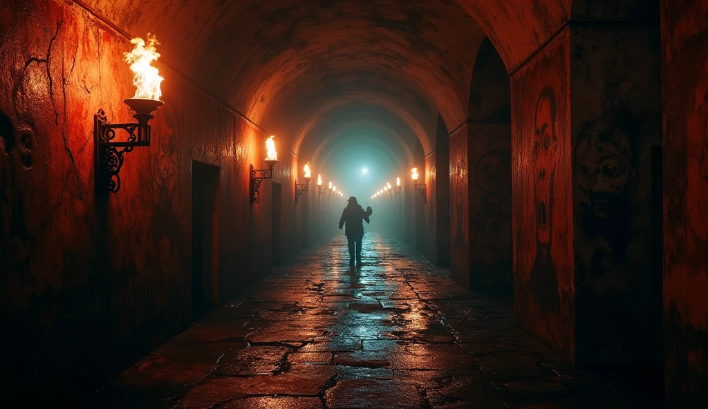 Dark, underground labyrinth of a forgotten empire of horror, dimly lit ...