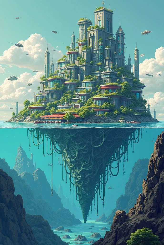 A futuristic artificial city built on a floating island,A unique flat ...