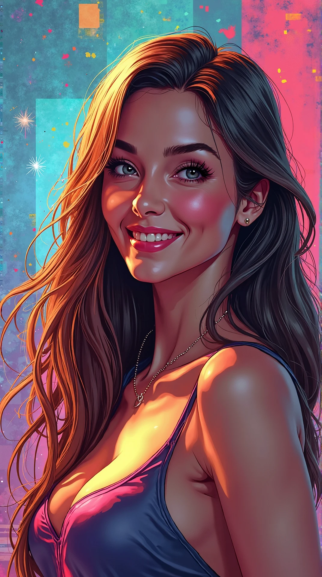 A half-body portrait of an adult American woman in comic book style ...