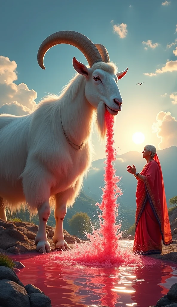 A beautiful giant white goat is giving a lot of strawberry juice from ...