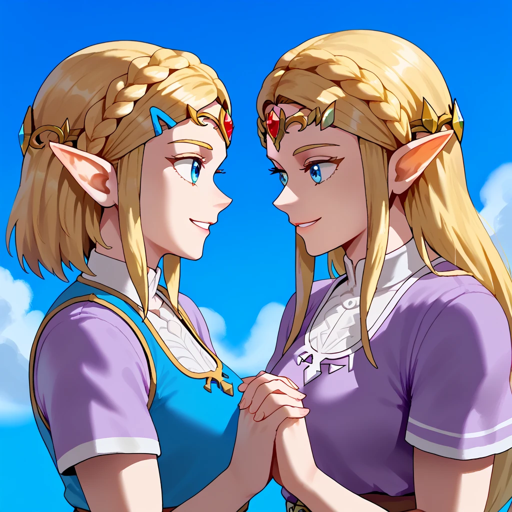 Score_9, 2girls, princess zelda, blonde hair, blue eyes, circlet ...
